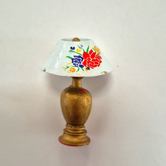 Toys | Vintage Dollhouse Miniature Gold Lamp With Floral Shade Mini ...